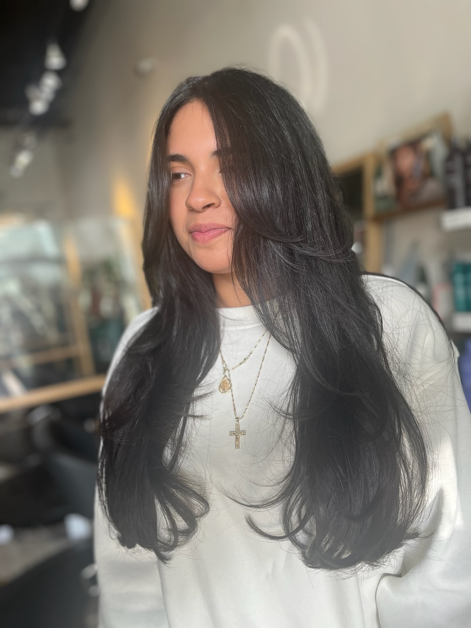 Layers haircut and Hair Gloss by Anahi. – Aveda Theory Hair Salon